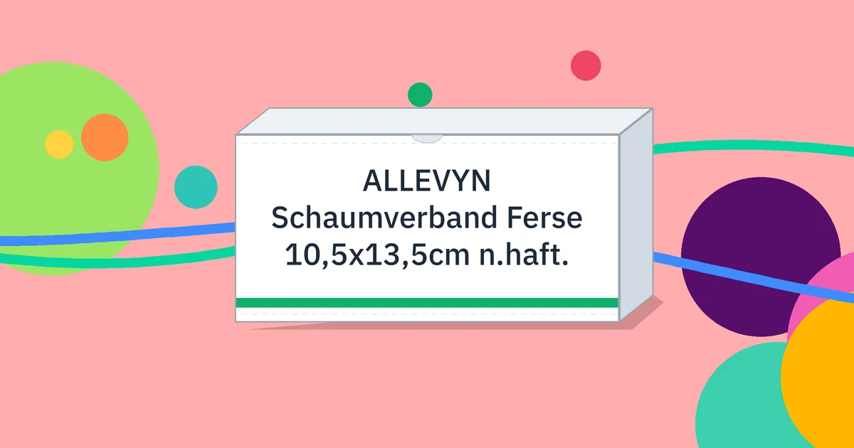 Symbolbild: Packung mit der Aufschrift ALLEVYN Schaumverband Ferse 10,5x13,5cm n.haft. (PZN 17944432) – Verfügbarkeit und Bezug in Apotheken in Frankfurt am Main