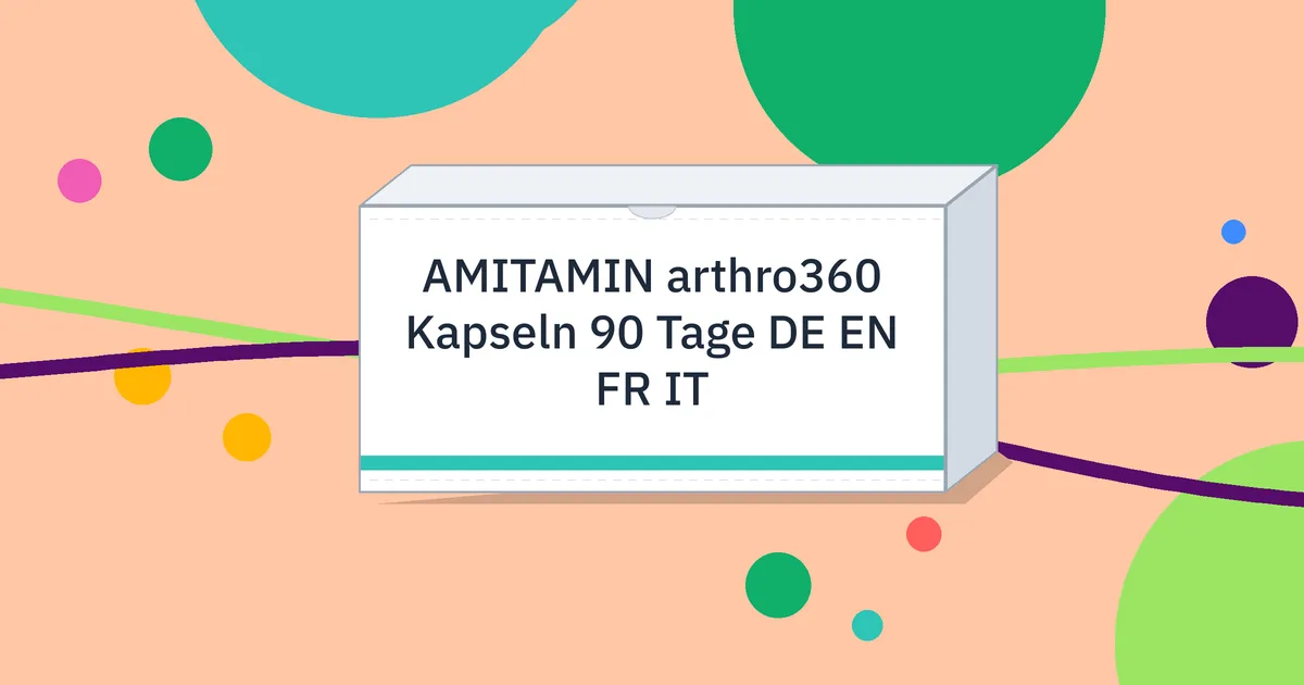 Symbolbild: Packung mit der Aufschrift AMITAMIN arthro360 Kapseln 90 Tage DE EN FR IT (PZN 18189848) – Verfügbarkeit und Bezug in Apotheken in Frankfurt am Main