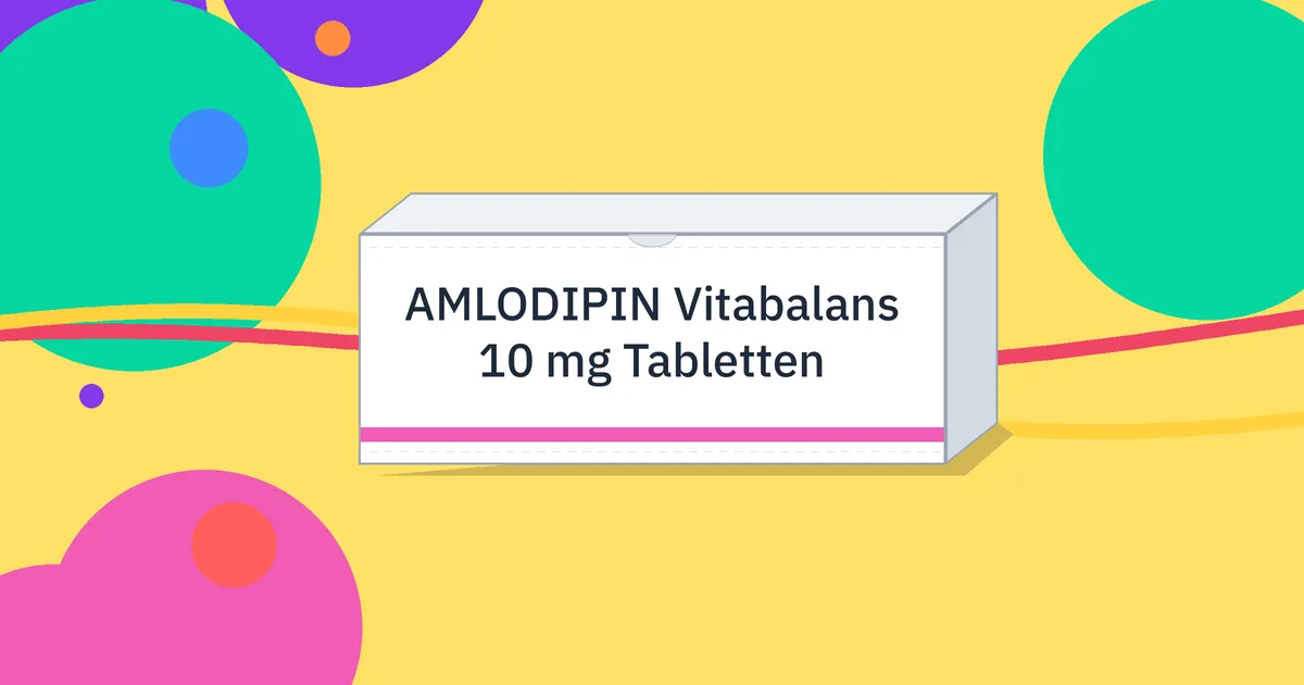 Symbolbild: Packung mit der Aufschrift AMLODIPIN Vitabalans 10 mg Tabletten (PZN 11728360) – Verfügbarkeit und Bezug in Apotheken in Frankfurt am Main