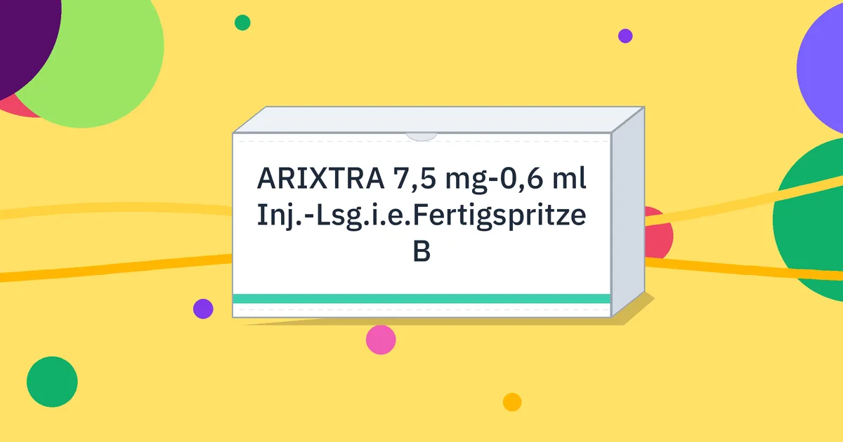 Symbolbild: Packung mit der Aufschrift ARIXTRA 7,5 mg-0,6 ml Inj.-Lsg.i.e.Fertigspritze B (PZN 12553201) – Verfügbarkeit und Bezug in Apotheken in Frankfurt am Main