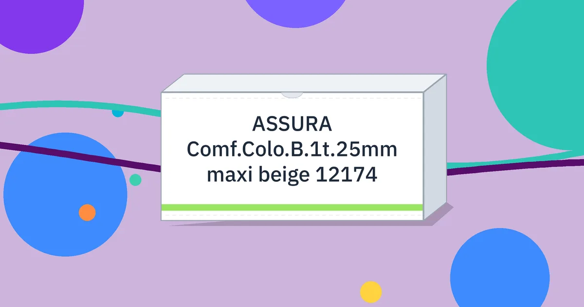 Symbolbild: Packung mit der Aufschrift ASSURA Comf.Colo.B.1t.25mm maxi beige 12174 (PZN 00893096) – Verfügbarkeit und Bezug in Apotheken in Frankfurt am Main