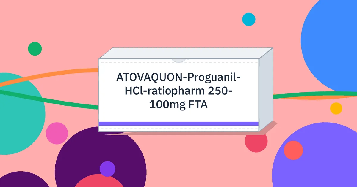 Symbolbild: Packung mit der Aufschrift ATOVAQUON-Proguanil-HCl-ratiopharm 250-100mg FTA (PZN 13723421) – Verfügbarkeit und Bezug in Apotheken in Frankfurt am Main