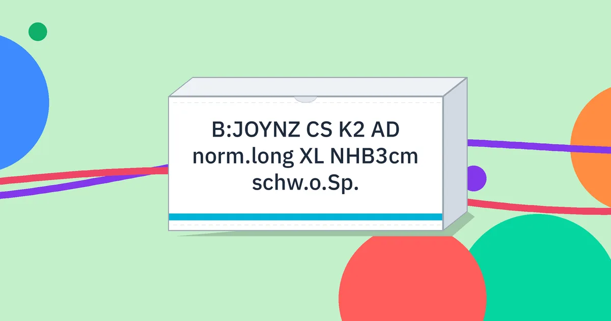 Symbolbild: Packung mit der Aufschrift B:JOYNZ CS K2 AD norm.long XL NHB3cm schw.o.Sp. (PZN 20527413) – Verfügbarkeit und Bezug in Apotheken in Frankfurt am Main