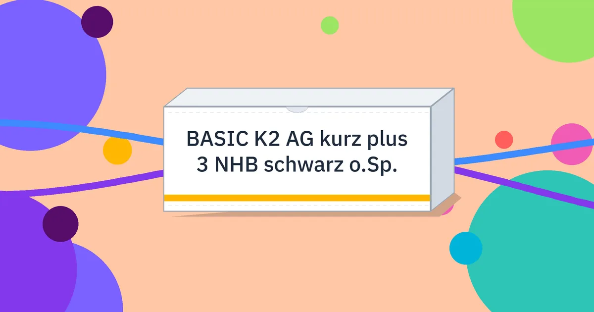 Symbolbild: Packung mit der Aufschrift BASIC K2 AG kurz plus 3 NHB schwarz o.Sp. (PZN 20267047) – Verfügbarkeit und Bezug in Apotheken in Frankfurt am Main