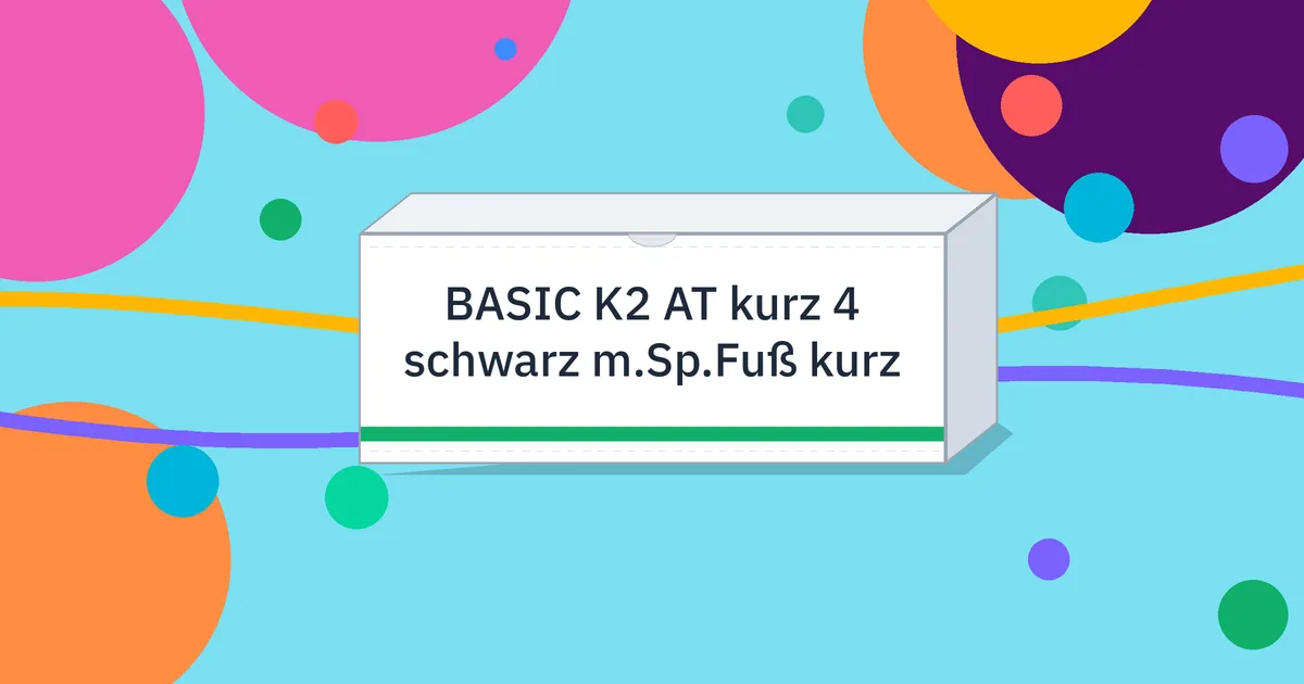 Symbolbild: Packung mit der Aufschrift BASIC K2 AT kurz 4 schwarz m.Sp.Fuß kurz (PZN 20269359) – Verfügbarkeit und Bezug in Apotheken in Frankfurt am Main