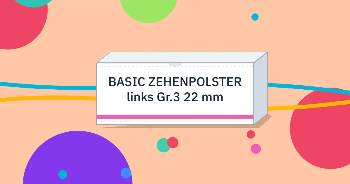 Symbolbild: Packung mit der Aufschrift BASIC ZEHENPOLSTER links Gr.3 22 mm (PZN 15380853) – Verfügbarkeit und Bezug in Apotheken in Frankfurt am Main