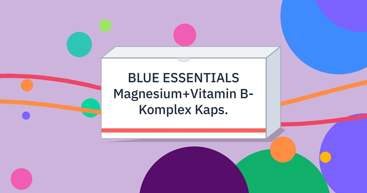 Symbolbild: Packung mit der Aufschrift BLUE ESSENTIALS Magnesium+Vitamin B-Komplex Kaps. (PZN 18298218) – Verfügbarkeit und Bezug in Apotheken in Frankfurt am Main