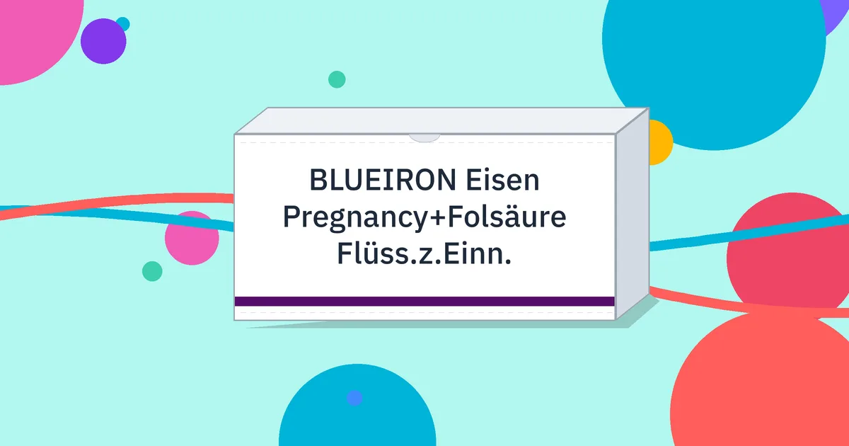 Symbolbild: Packung mit der Aufschrift BLUEIRON Eisen Pregnancy+Folsäure Flüss.z.Einn. (PZN 19834311) – Verfügbarkeit und Bezug in Apotheken in Frankfurt am Main