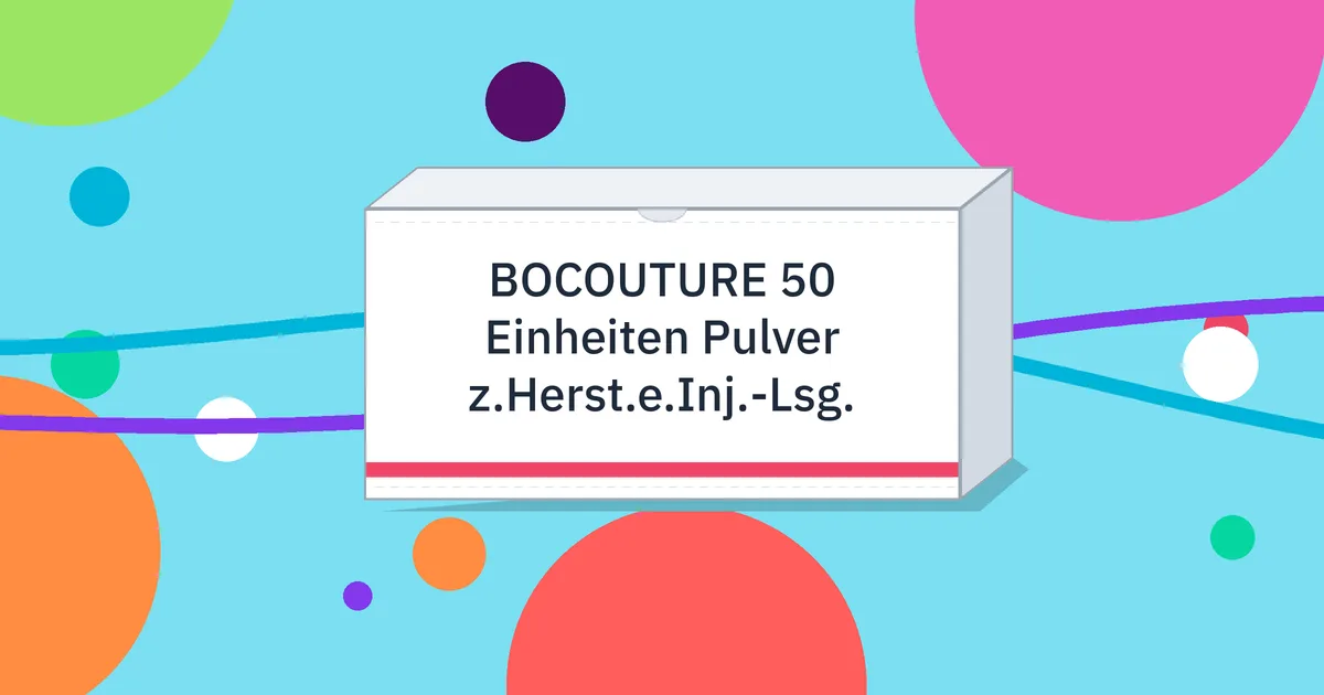 Symbolbild: Packung mit der Aufschrift BOCOUTURE 50 Einheiten Pulver z.Herst.e.Inj.-Lsg. (PZN 03979763) – Verfügbarkeit und Bezug in Apotheken in Frankfurt am Main