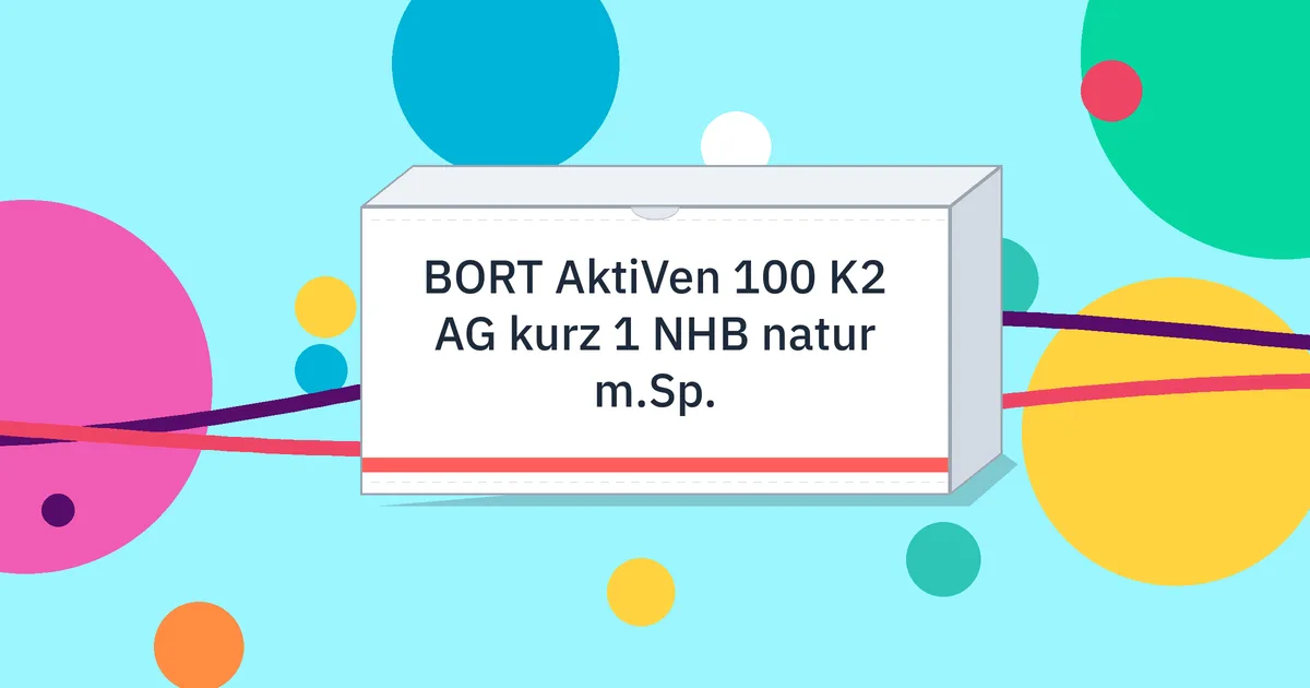 Symbolbild: Packung mit der Aufschrift BORT AktiVen 100 K2 AG kurz 1 NHB natur m.Sp. (PZN 13730533) – Verfügbarkeit und Bezug in Apotheken in Frankfurt am Main