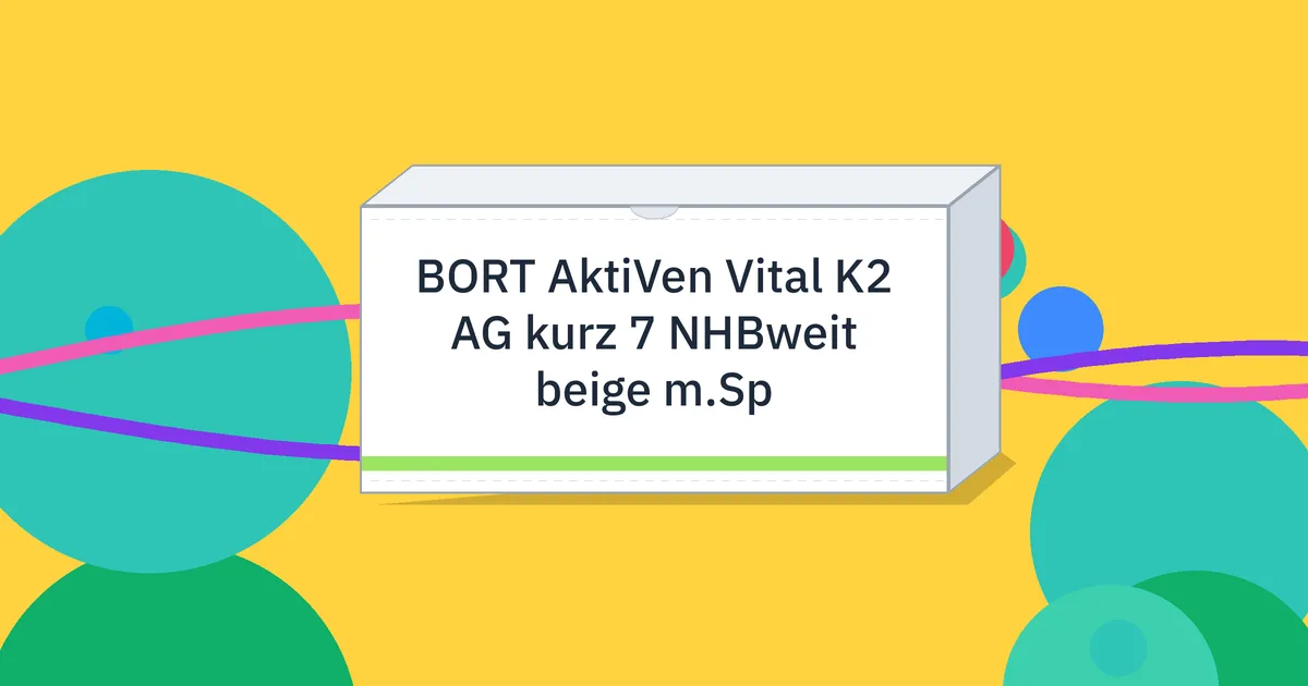 Symbolbild: Packung mit der Aufschrift BORT AktiVen Vital K2 AG kurz 7 NHBweit beige m.Sp (PZN 13732058) – Verfügbarkeit und Bezug in Apotheken in Frankfurt am Main