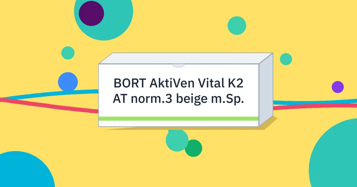 Symbolbild: Packung mit der Aufschrift BORT AktiVen Vital K2 AT norm.3 beige m.Sp. (PZN 13739155) – Verfügbarkeit und Bezug in Apotheken in Frankfurt am Main