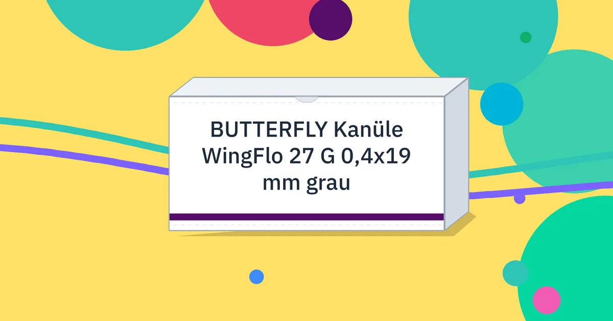 Symbolbild: Packung mit der Aufschrift BUTTERFLY Kanüle WingFlo 27 G 0,4x19 mm grau (PZN 18055036) – Verfügbarkeit und Bezug in Apotheken in Frankfurt am Main