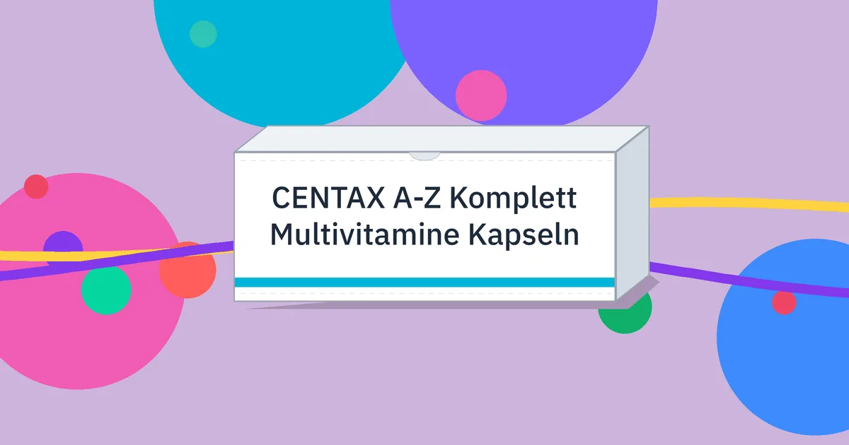Symbolbild: Packung mit der Aufschrift CENTAX A-Z Komplett Multivitamine Kapseln (PZN 17257915) – Verfügbarkeit und Bezug in Apotheken in Frankfurt am Main