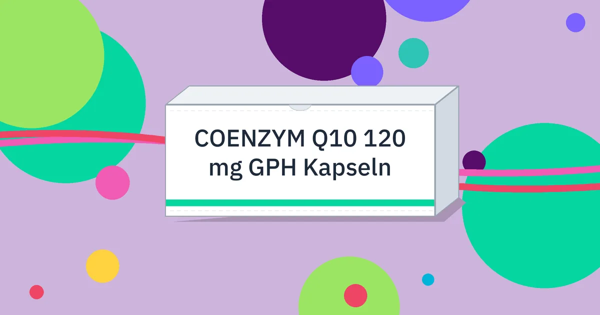 Symbolbild: Packung mit der Aufschrift COENZYM Q10 120 mg GPH Kapseln (PZN 06832807) – Verfügbarkeit und Bezug in Apotheken in Frankfurt am Main
