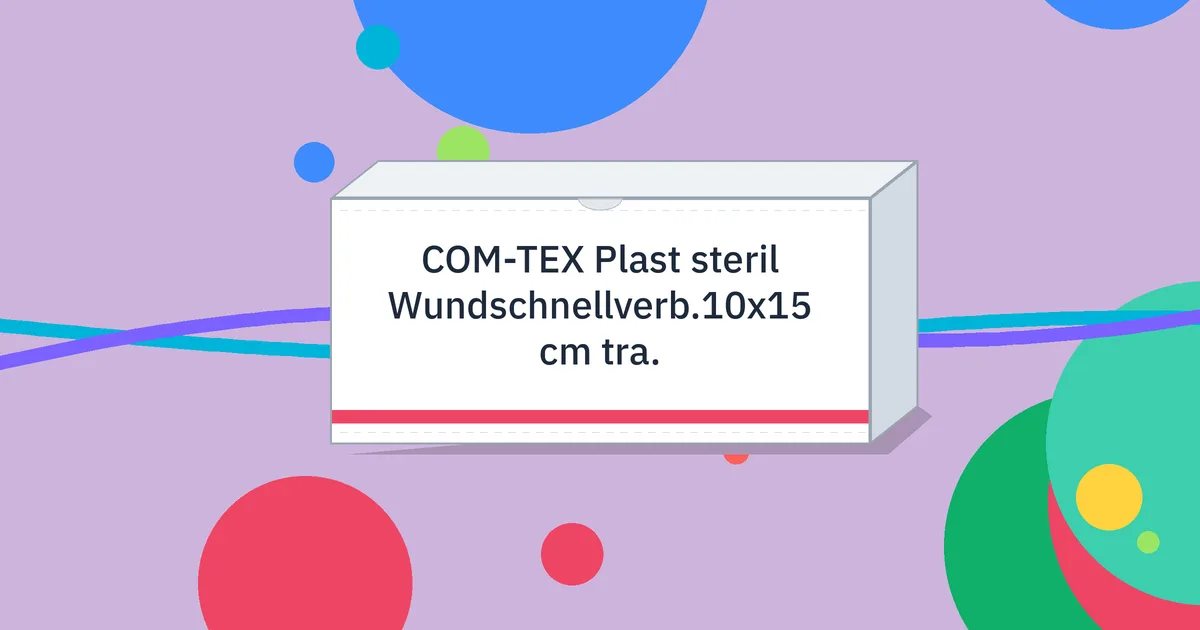 Symbolbild: Packung mit der Aufschrift COM-TEX Plast steril Wundschnellverb.10x15 cm tra. (PZN 10285908) – Verfügbarkeit und Bezug in Apotheken in Frankfurt am Main