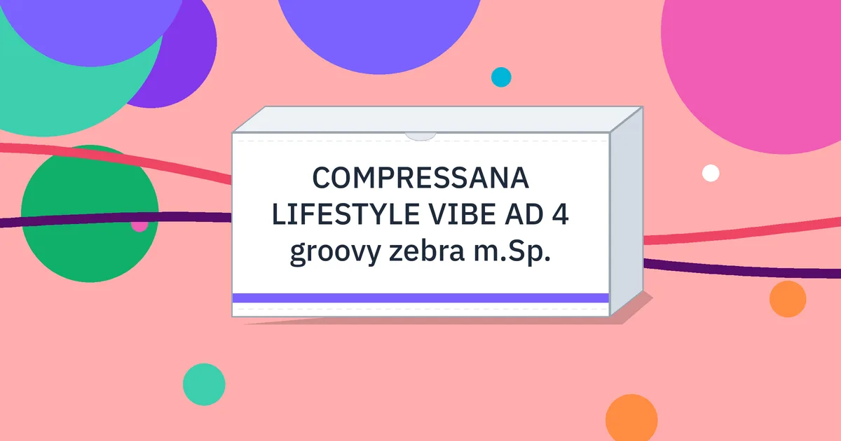 Symbolbild: Packung mit der Aufschrift COMPRESSANA LIFESTYLE VIBE AD 4 groovy zebra m.Sp. (PZN 19151747) – Verfügbarkeit und Bezug in Apotheken in Frankfurt am Main
