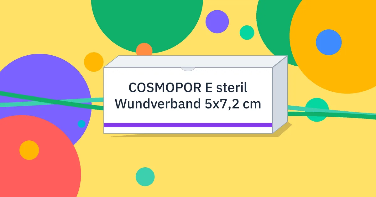 Symbolbild: Packung mit der Aufschrift COSMOPOR E steril Wundverband 5x7,2 cm (PZN 19397158) – Verfügbarkeit und Bezug in Apotheken in Frankfurt am Main