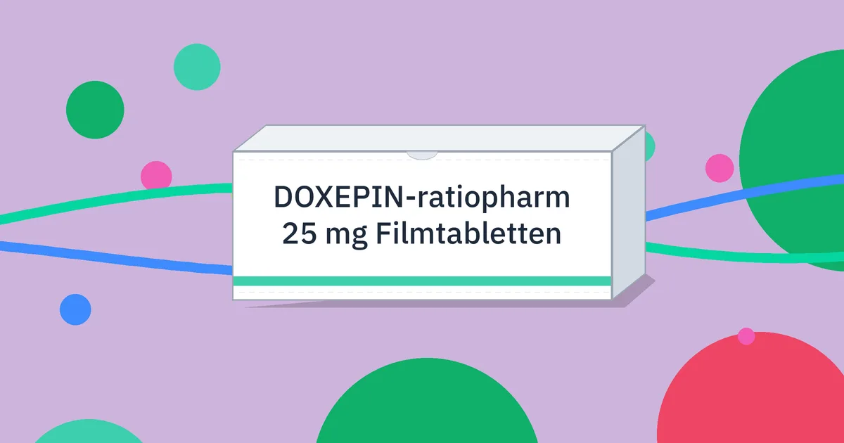 Symbolbild: Packung mit der Aufschrift DOXEPIN-ratiopharm 25 mg Filmtabletten (PZN 00772352) – Verfügbarkeit und Bezug in Apotheken in Frankfurt am Main