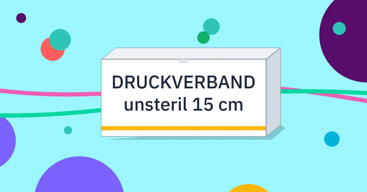 Symbolbild: Packung mit der Aufschrift DRUCKVERBAND unsteril 15 cm (PZN 06620850) – Verfügbarkeit und Bezug in Apotheken in Frankfurt am Main