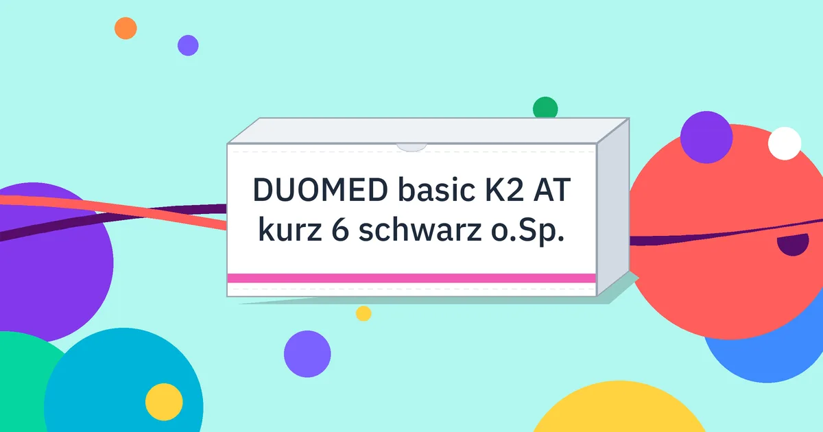 Symbolbild: Packung mit der Aufschrift DUOMED basic K2 AT kurz 6 schwarz o.Sp. (PZN 20906487) – Verfügbarkeit und Bezug in Apotheken in Frankfurt am Main