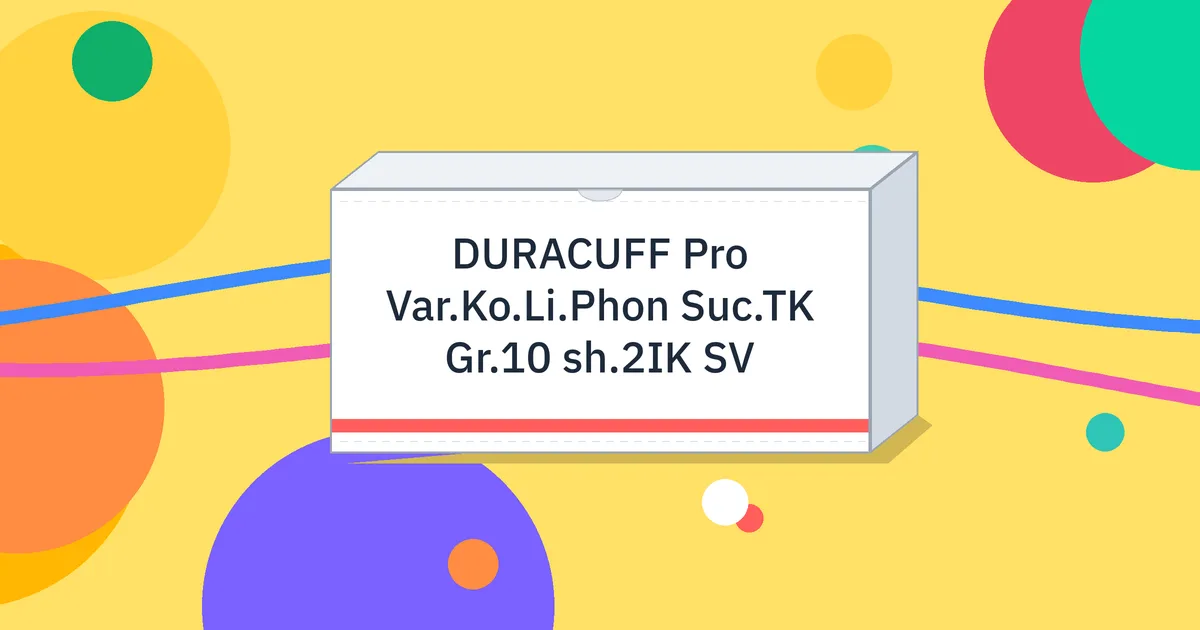 Symbolbild: Packung mit der Aufschrift DURACUFF Pro Var.Ko.Li.Phon Suc.TK Gr.10 sh.2IK SV (PZN 19244673) – Verfügbarkeit und Bezug in Apotheken in Frankfurt am Main