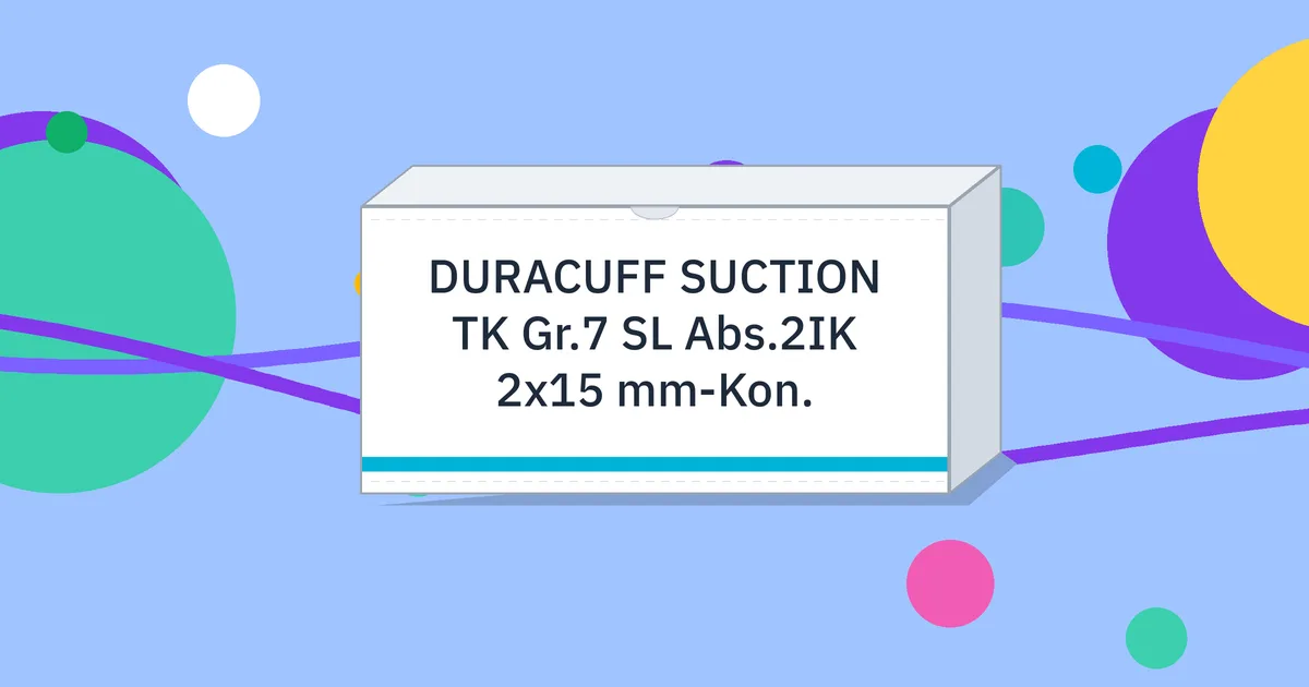 Symbolbild: Packung mit der Aufschrift DURACUFF SUCTION TK Gr.7 SL Abs.2IK 2x15 mm-Kon. (PZN 04959314) – Verfügbarkeit und Bezug in Apotheken in Frankfurt am Main
