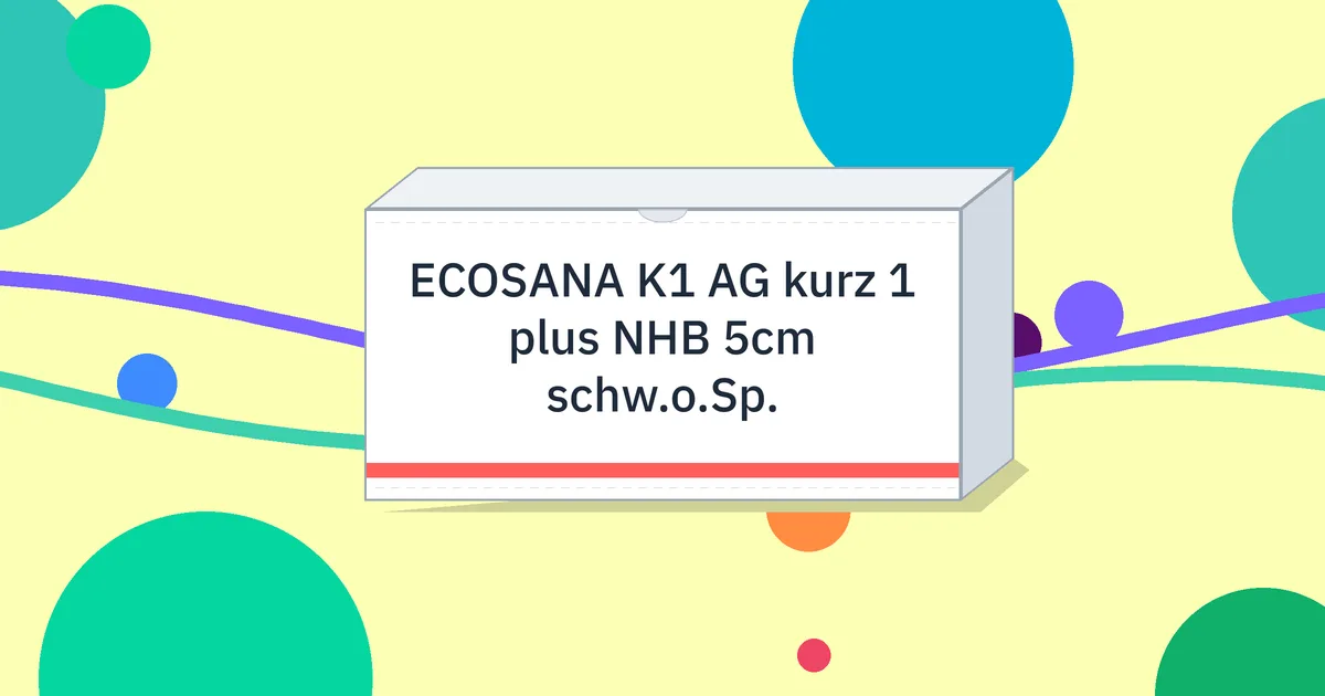 Symbolbild: Packung mit der Aufschrift ECOSANA K1 AG kurz 1 plus NHB 5cm schw.o.Sp. (PZN 04725763) – Verfügbarkeit und Bezug in Apotheken in Frankfurt am Main