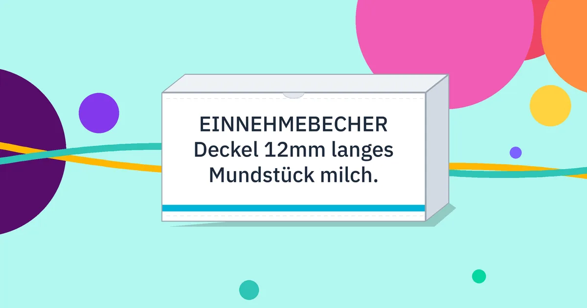Symbolbild: Packung mit der Aufschrift EINNEHMEBECHER Deckel 12mm langes Mundstück milch. (PZN 10121696) – Verfügbarkeit und Bezug in Apotheken in Frankfurt am Main