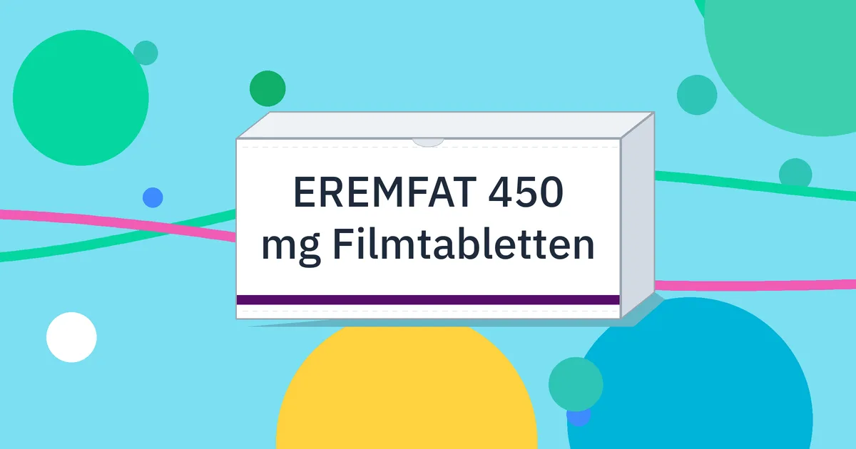 Symbolbild: Packung mit der Aufschrift EREMFAT 450 mg Filmtabletten (PZN 03771560) – Verfügbarkeit und Bezug in Apotheken in Frankfurt am Main