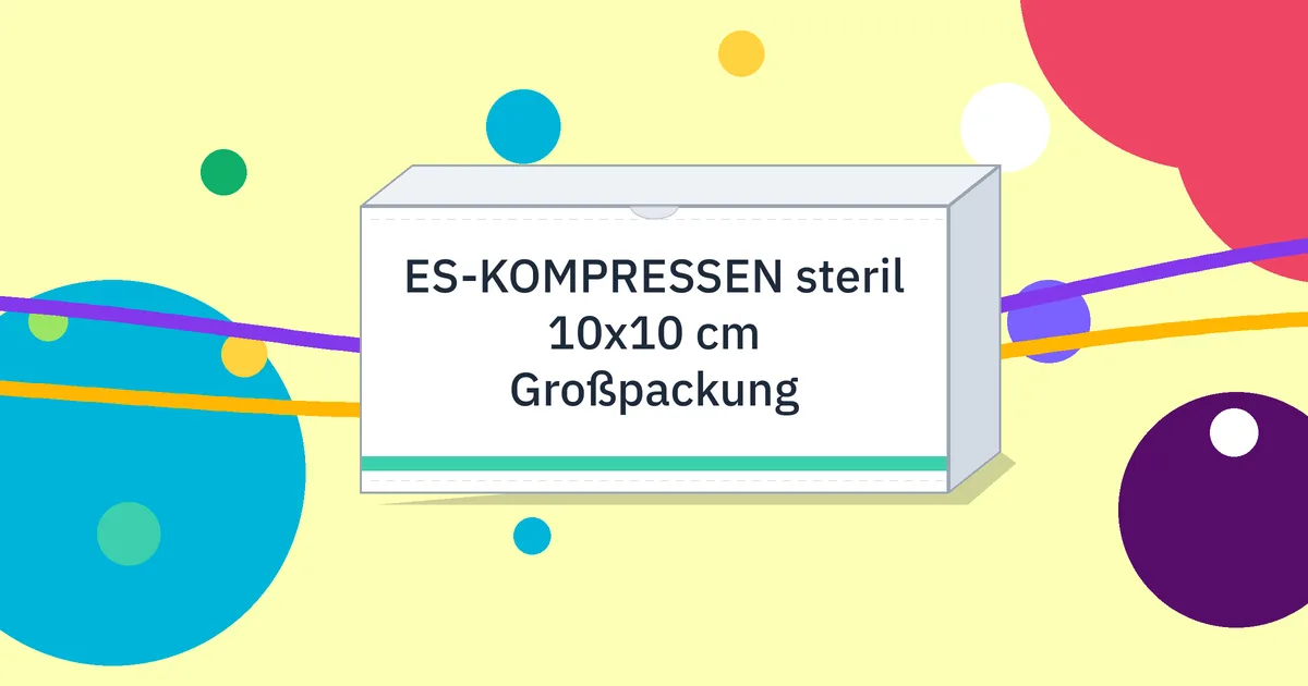 Symbolbild: Packung mit der Aufschrift ES-KOMPRESSEN steril 10x10 cm Großpackung (PZN 16516220) – Verfügbarkeit und Bezug in Apotheken in Frankfurt am Main