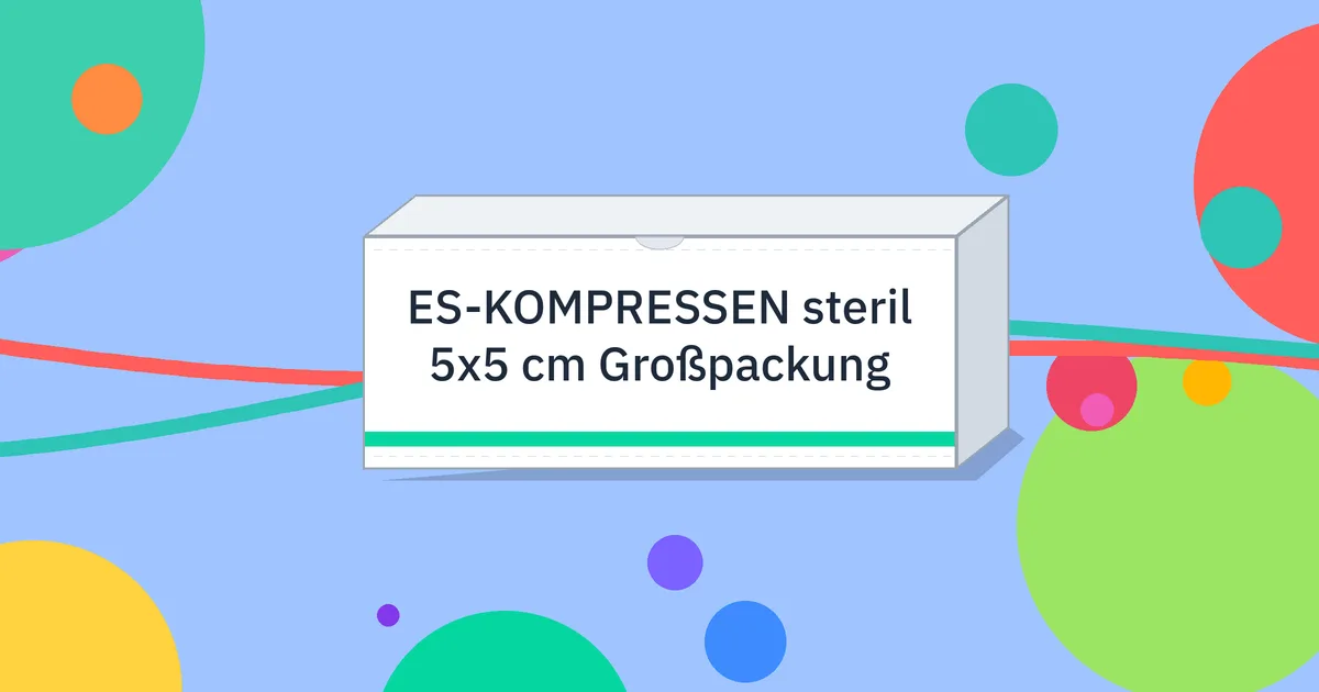 Symbolbild: Packung mit der Aufschrift ES-KOMPRESSEN steril 5x5 cm Großpackung (PZN 18715544) – Verfügbarkeit und Bezug in Apotheken in Frankfurt am Main