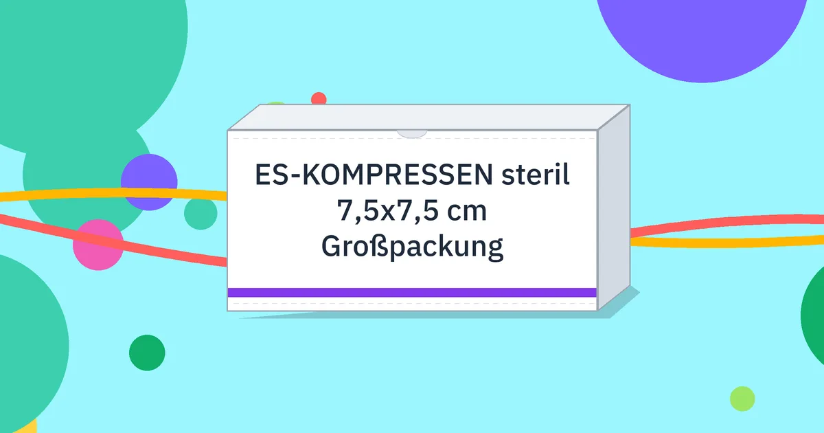 Symbolbild: Packung mit der Aufschrift ES-KOMPRESSEN steril 7,5x7,5 cm Großpackung (PZN 18715656) – Verfügbarkeit und Bezug in Apotheken in Frankfurt am Main
