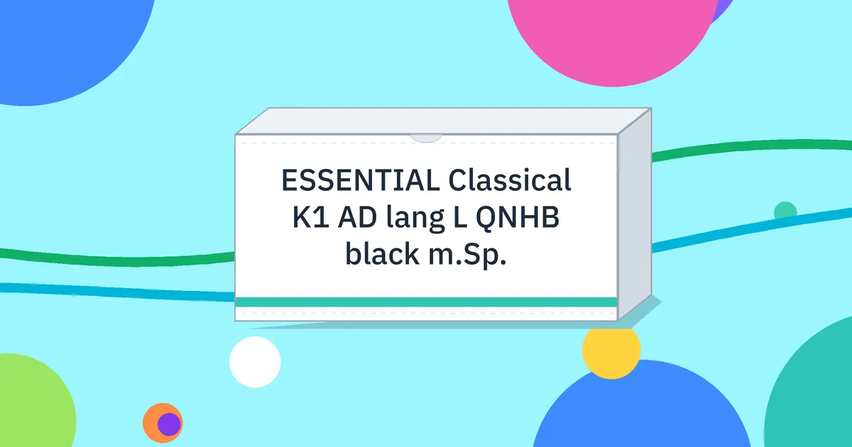Symbolbild: Packung mit der Aufschrift ESSENTIAL Classical K1 AD lang L QNHB black m.Sp. (PZN 18866734) – Verfügbarkeit und Bezug in Apotheken in Frankfurt am Main