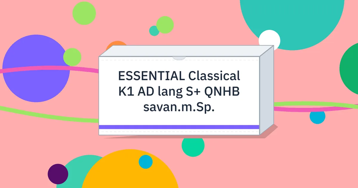 Symbolbild: Packung mit der Aufschrift ESSENTIAL Classical K1 AD lang S+ QNHB savan.m.Sp. (PZN 18867188) – Verfügbarkeit und Bezug in Apotheken in Frankfurt am Main