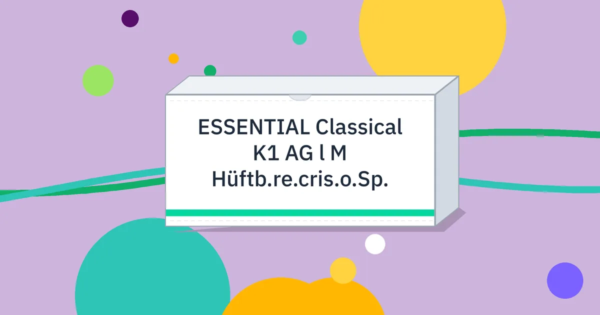 Symbolbild: Packung mit der Aufschrift ESSENTIAL Classical K1 AG l M Hüftb.re.cris.o.Sp. (PZN 17012272) – Verfügbarkeit und Bezug in Apotheken in Frankfurt am Main