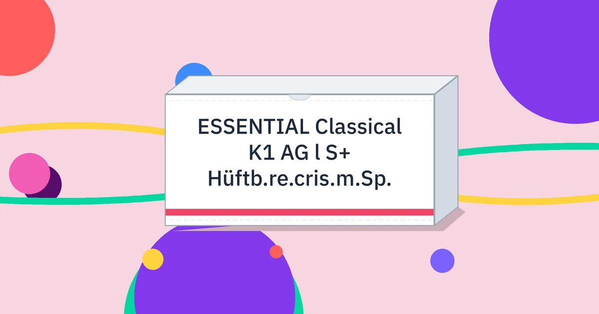 Symbolbild: Packung mit der Aufschrift ESSENTIAL Classical K1 AG l S+ Hüftb.re.cris.m.Sp. (PZN 17012467) – Verfügbarkeit und Bezug in Apotheken in Frankfurt am Main