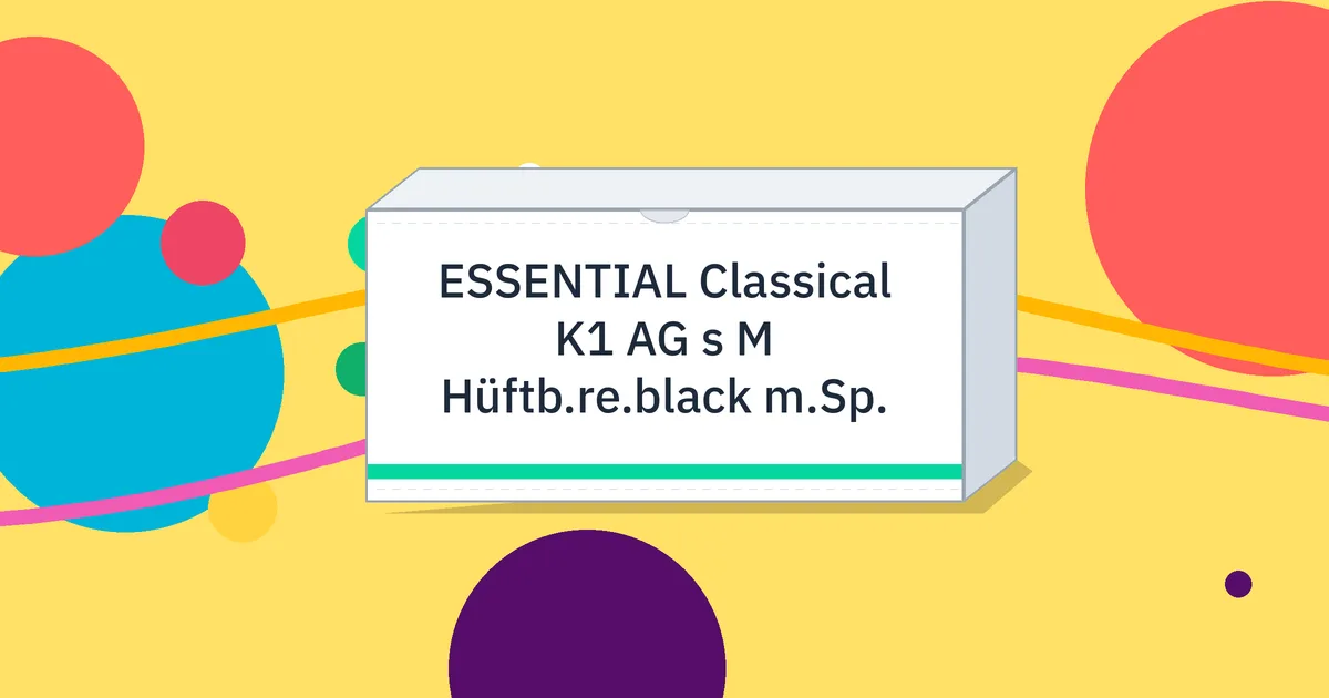Symbolbild: Packung mit der Aufschrift ESSENTIAL Classical K1 AG s M Hüftb.re.black m.Sp. (PZN 17013596) – Verfügbarkeit und Bezug in Apotheken in Frankfurt am Main