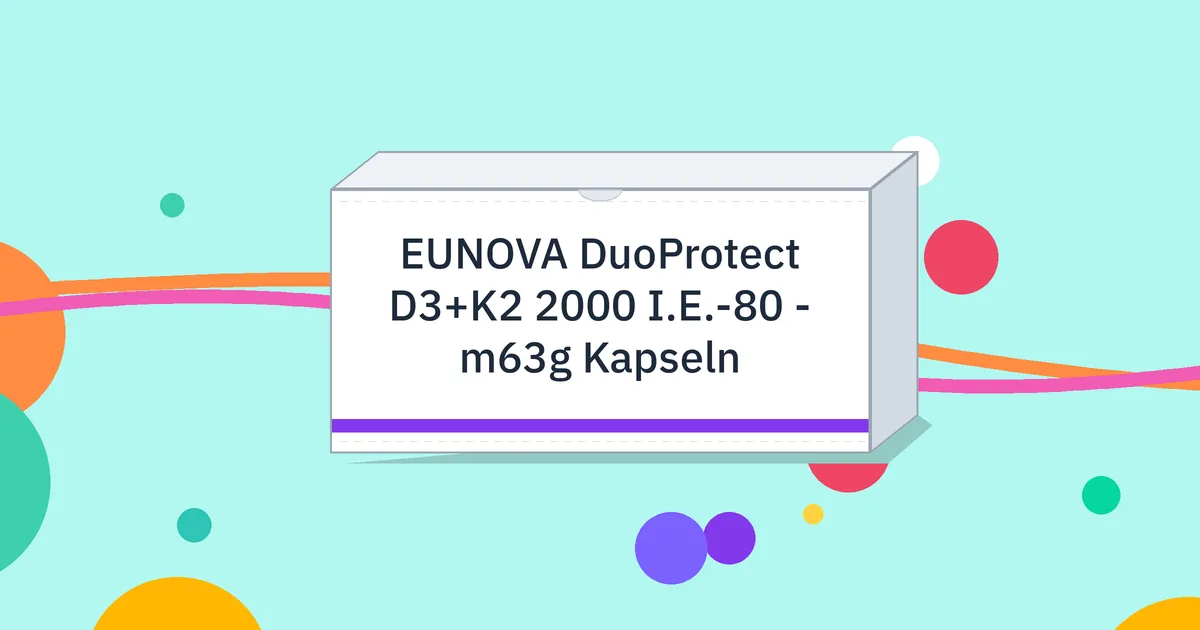 Symbolbild: Packung mit der Aufschrift EUNOVA DuoProtect D3+K2 2000 I.E.-80 -m63g Kapseln (PZN 14133549) – Verfügbarkeit und Bezug in Apotheken in Frankfurt am Main