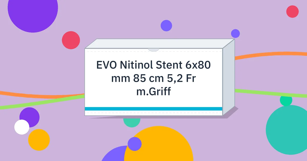 Symbolbild: Packung mit der Aufschrift EVO Nitinol Stent 6x80 mm 85 cm 5,2 Fr m.Griff (PZN 00223295) – Verfügbarkeit und Bezug in Apotheken in Frankfurt am Main