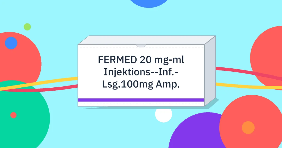 Symbolbild: Packung mit der Aufschrift FERMED 20 mg-ml Injektions--Inf.-Lsg.100mg Amp. (PZN 11349800) – Verfügbarkeit und Bezug in Apotheken in Frankfurt am Main