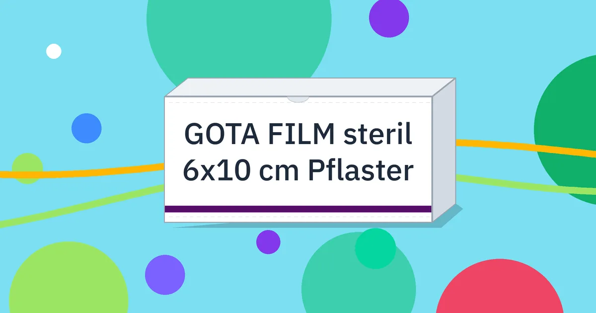 Symbolbild: Packung mit der Aufschrift GOTA FILM steril 6x10 cm Pflaster (PZN 04442522) – Verfügbarkeit und Bezug in Apotheken in Frankfurt am Main