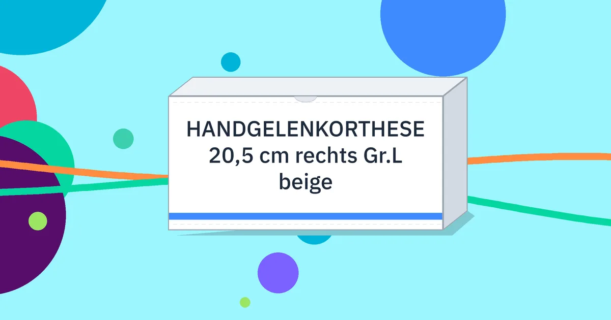 Symbolbild: Packung mit der Aufschrift HANDGELENKORTHESE 20,5 cm rechts Gr.L beige (PZN 03387086) – Verfügbarkeit und Bezug in Apotheken in Frankfurt am Main