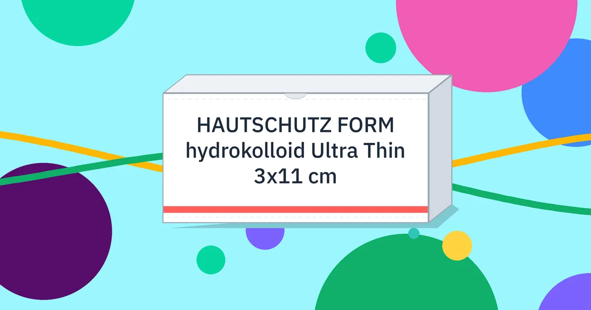 Symbolbild: Packung mit der Aufschrift HAUTSCHUTZ FORM hydrokolloid Ultra Thin 3x11 cm (PZN 11666481) – Verfügbarkeit und Bezug in Apotheken in Frankfurt am Main