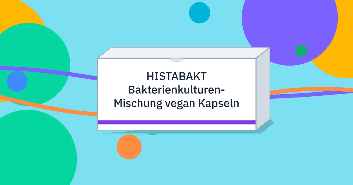 Symbolbild: Packung mit der Aufschrift HISTABAKT Bakterienkulturen-Mischung vegan Kapseln (PZN 18197598) – Verfügbarkeit und Bezug in Apotheken in Frankfurt am Main
