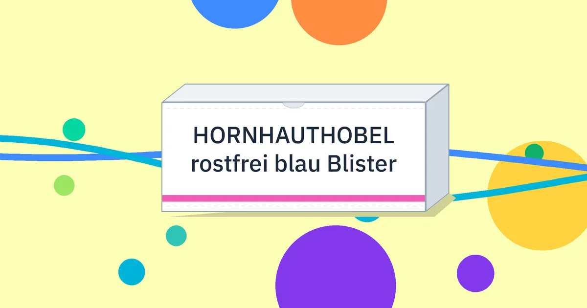 Symbolbild: Packung mit der Aufschrift HORNHAUTHOBEL rostfrei blau Blister (PZN 01604875) – Verfügbarkeit und Bezug in Apotheken in Frankfurt am Main