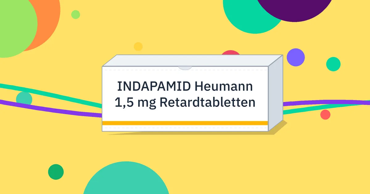 Symbolbild: Packung mit der Aufschrift INDAPAMID Heumann 1,5 mg Retardtabletten (PZN 04445704) – Verfügbarkeit und Bezug in Apotheken in Frankfurt am Main