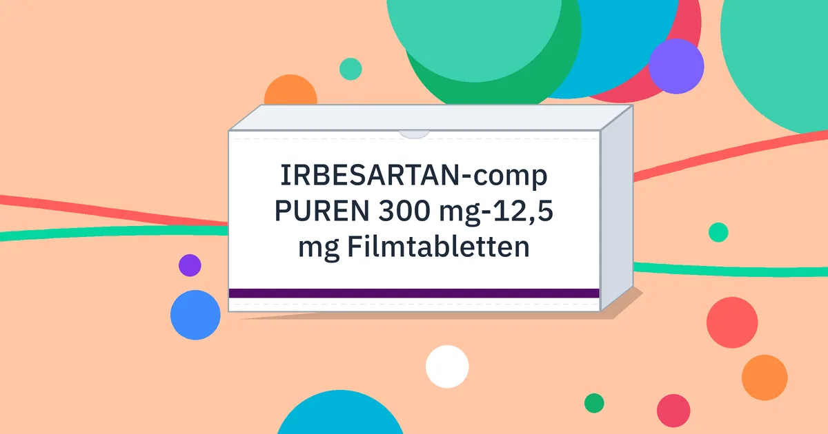 Symbolbild: Packung mit der Aufschrift IRBESARTAN-comp PUREN 300 mg-12,5 mg Filmtabletten (PZN 11355396) – Verfügbarkeit und Bezug in Apotheken in Frankfurt am Main