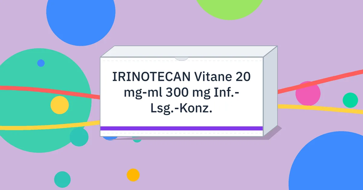 Symbolbild: Packung mit der Aufschrift IRINOTECAN Vitane 20 mg-ml 300 mg Inf.-Lsg.-Konz. (PZN 11722015) – Verfügbarkeit und Bezug in Apotheken in Frankfurt am Main