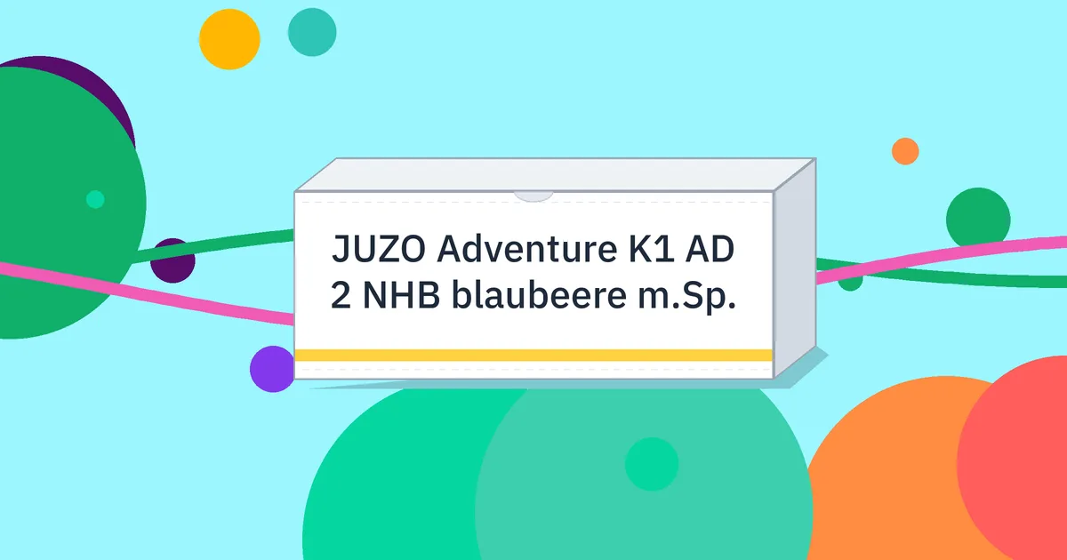 Symbolbild: Packung mit der Aufschrift JUZO Adventure K1 AD 2 NHB blaubeere m.Sp. (PZN 16346485) – Verfügbarkeit und Bezug in Apotheken in Frankfurt am Main